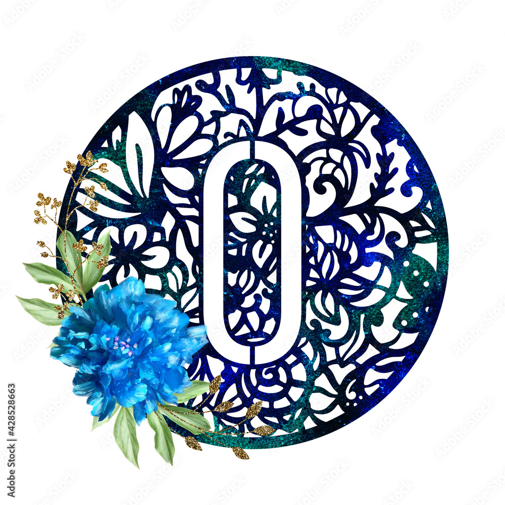 Lace circle blue letter O with blue flower peony and green leaves ...