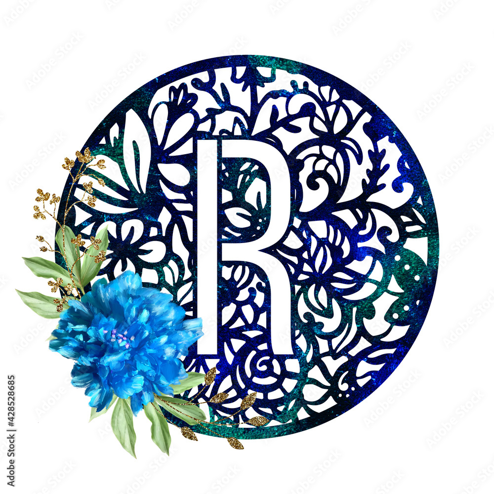 Lace circle blue letter R with blue flower peony and green leaves ...