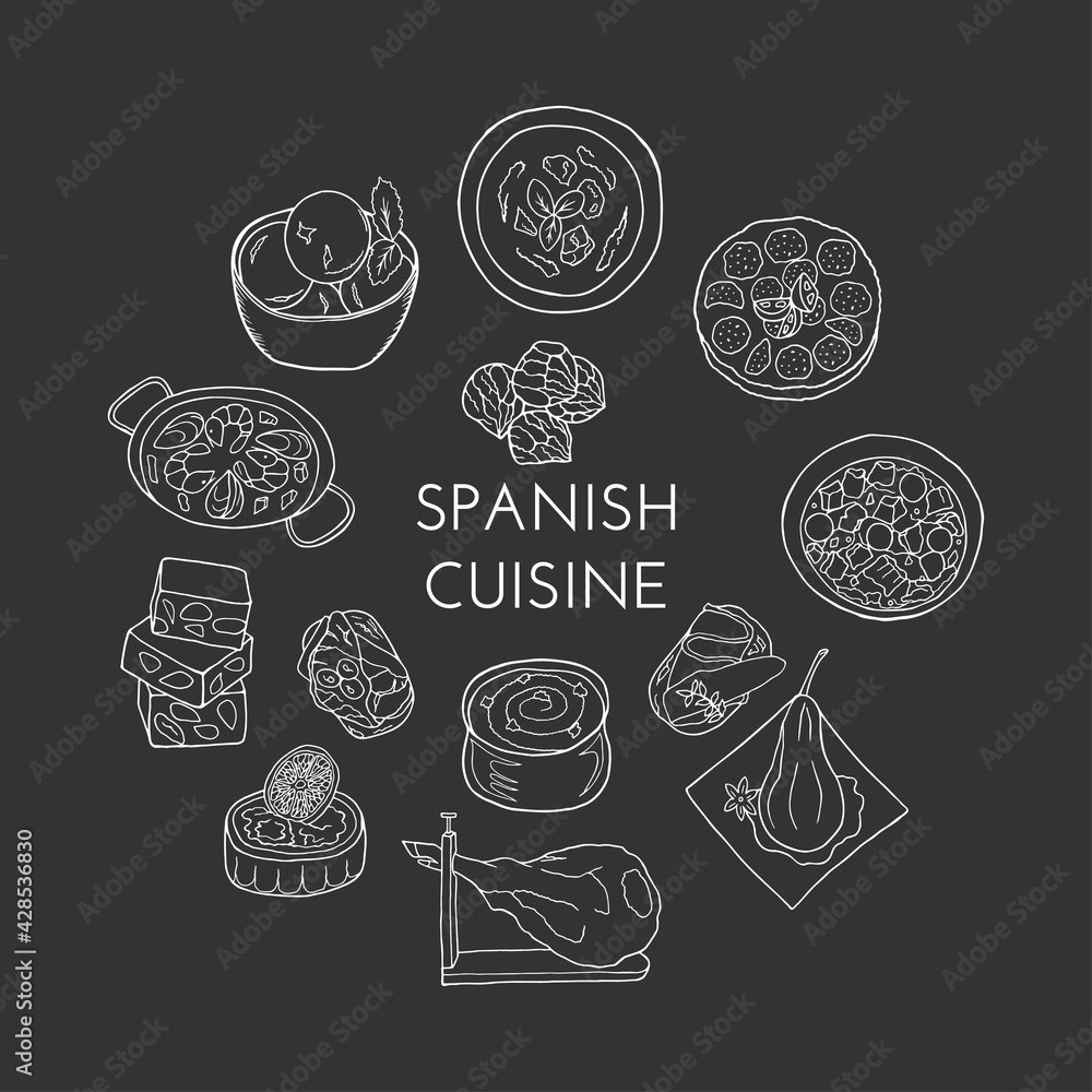Hand-drawn traditional Spanish cuisine dish and desserts set. Design ...