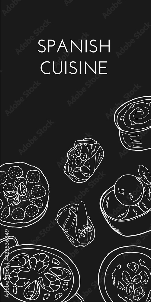 Hand-drawn poster with traditional Spanish cuisine dish and desserts ...