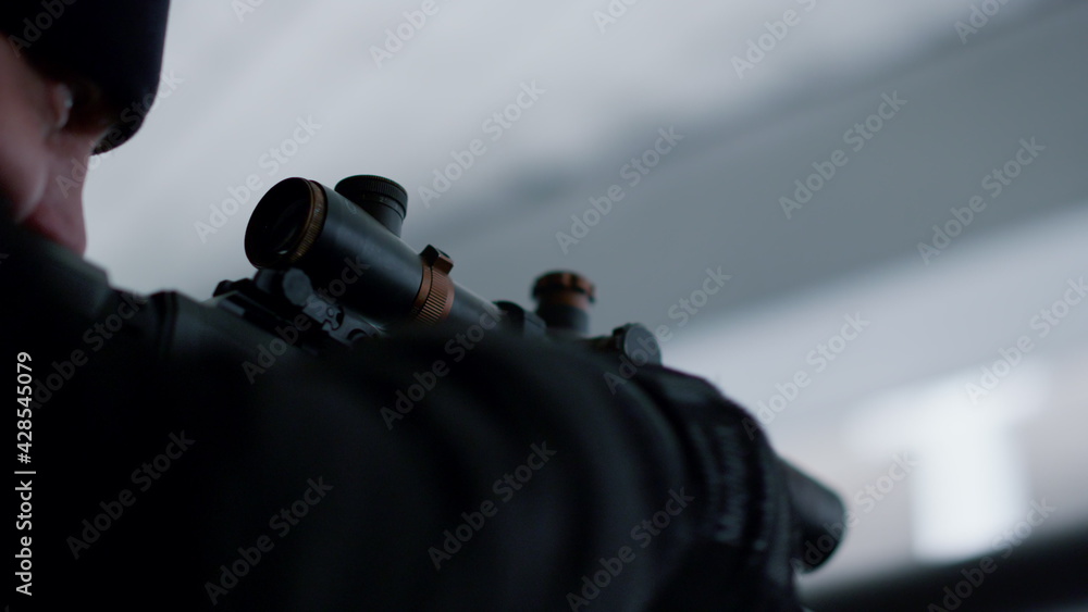 Killer looking telescopic sight of rifle. Sniper aiming target on ...