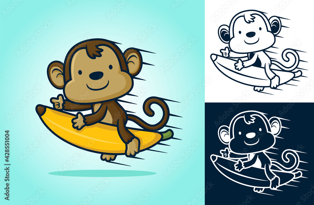 Cute monkey ride on flying banana. Vector cartoon illustration in flat ...