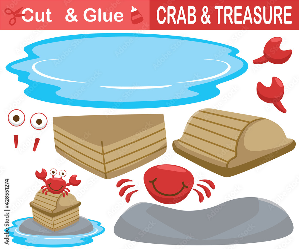 Red crab standing on treasure chest in the stone. Education paper game ...
