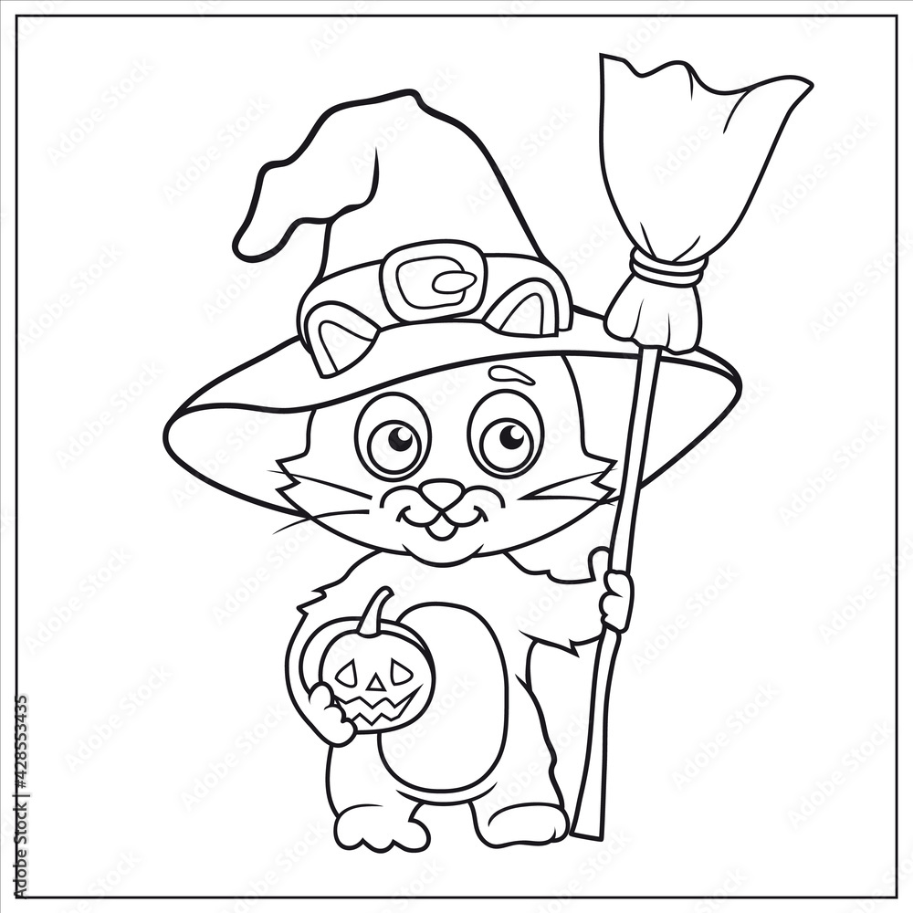 Halloween coloring book with cute cat. Vector outline illustration of ...