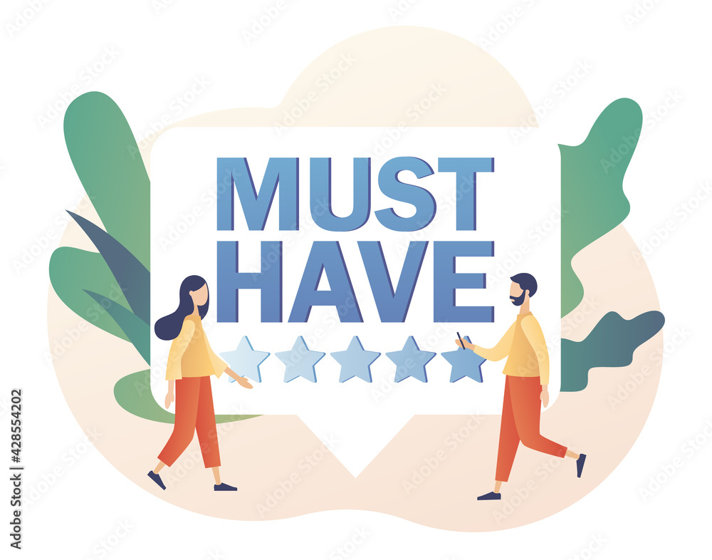 Must have - text on big bubble. Online shopping. Tiny people buy most ...