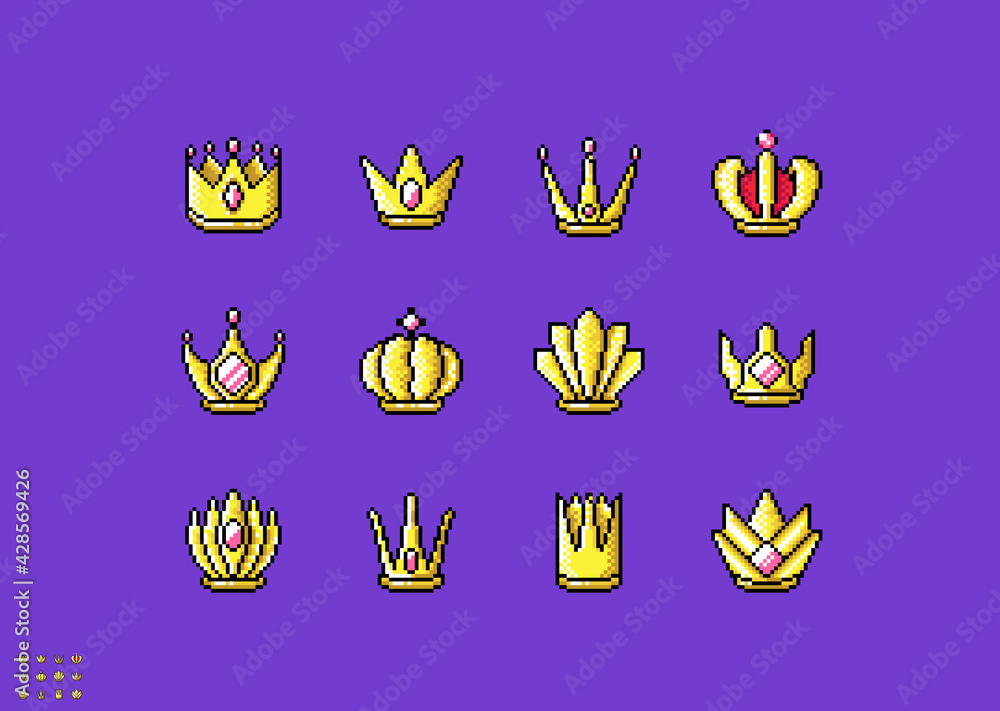 Pixel art icons. Crown of king, queen, princess and prince from the ...