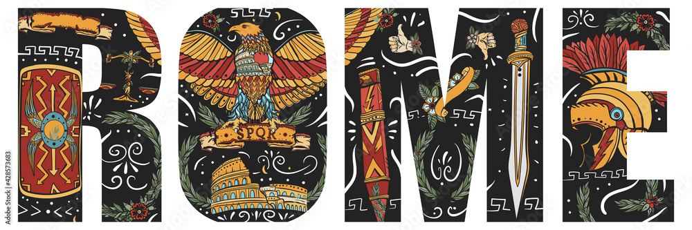 Rome slogan. History of Italy. Double exposure lettering. Typography ...