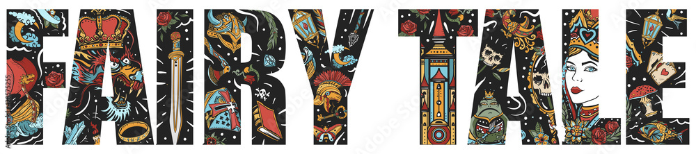 Fairy tale slogan. Medieval castle, queen in the golden, crown, dragon ...