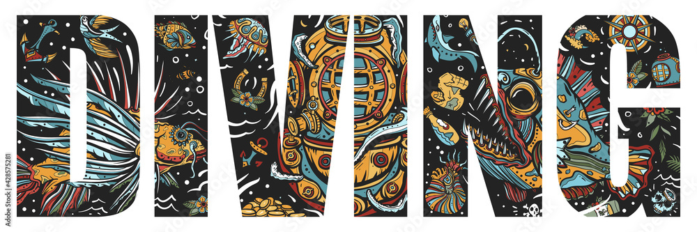 Diving slogan. Scuba diver helmet, octopus kraken tentacles. Sea ...