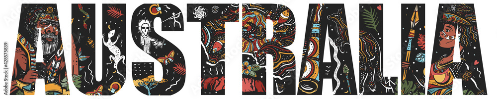 Australia slogan. Double exposure lettering. Ethnic Australian woman in ...