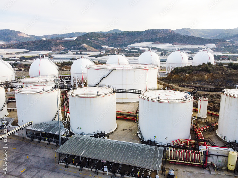 Liquified natural gas storage. LNG or LPG gas plant. Storage tanks for ...