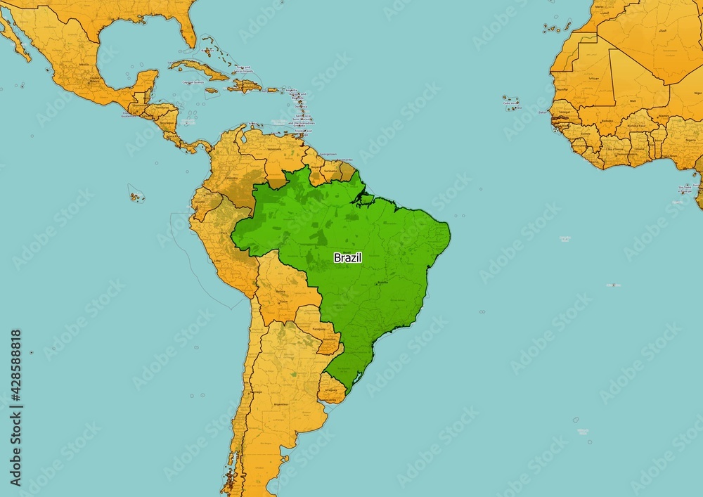 Brazil map showing country highlighted in green color with rest of ...
