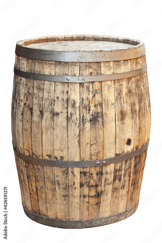 Wooden barrel isolated on a white background. Surface of oak barrel ...