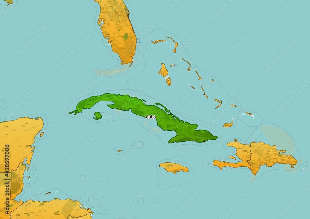 Cuba map showing country highlighted in green color with rest of ...