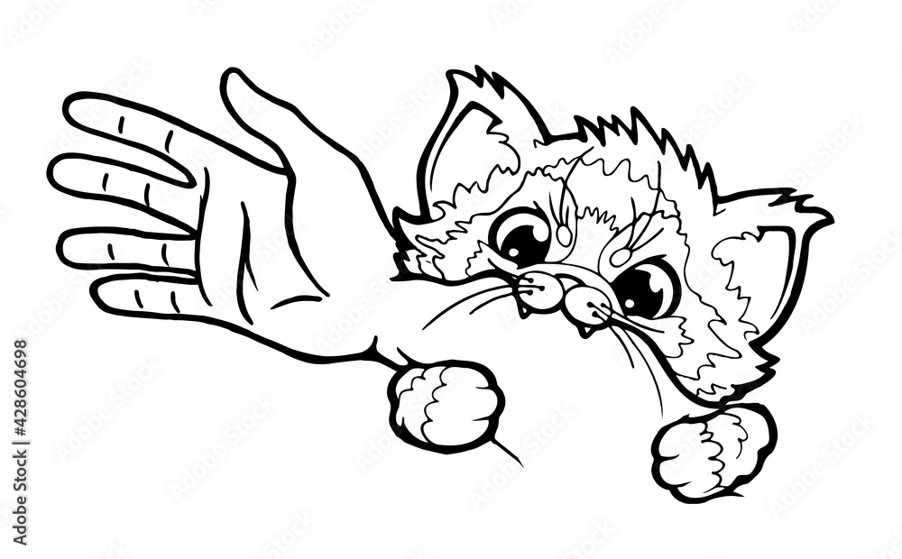 Cute Cat Biting the Hand. vector illustration. T-shirt apparel print ...
