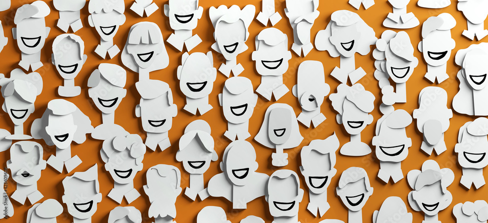 Paper cut effect background, human's heads with hand drawn faces ...
