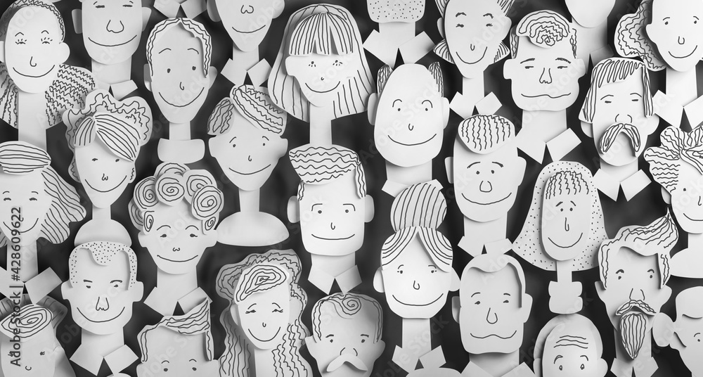 Paper cut effect background, human's heads with hand drawn faces ...