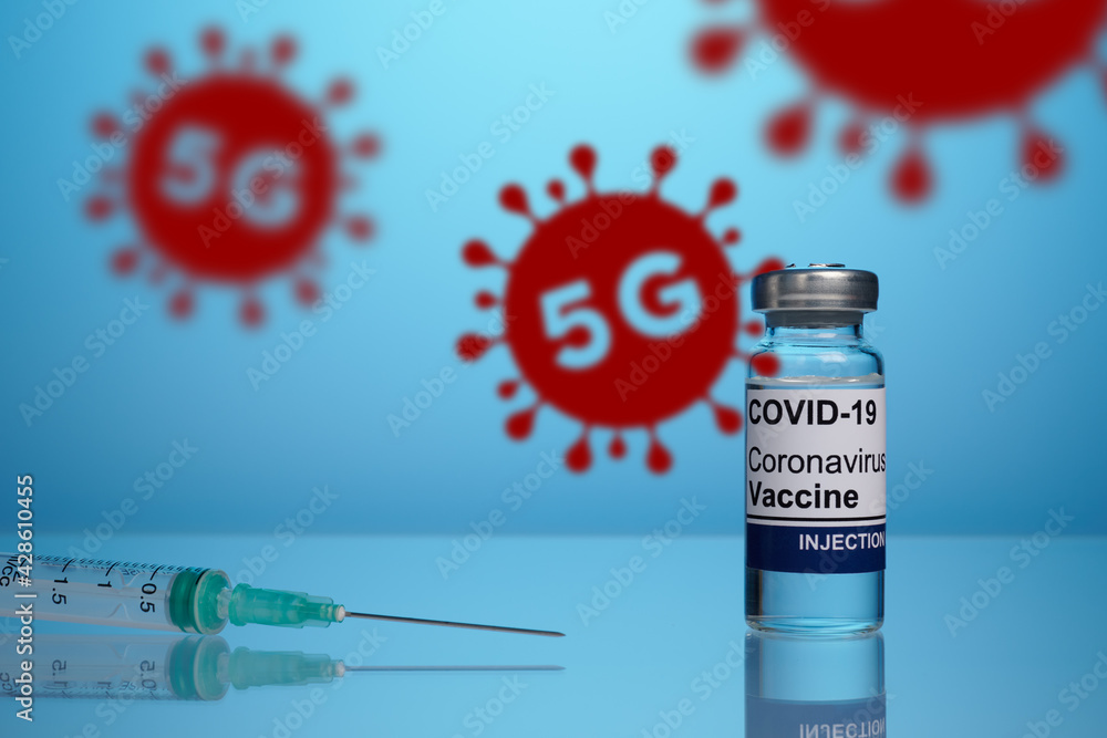 Covid vaccine with inoculation syringe on 5G coronavirus background ...