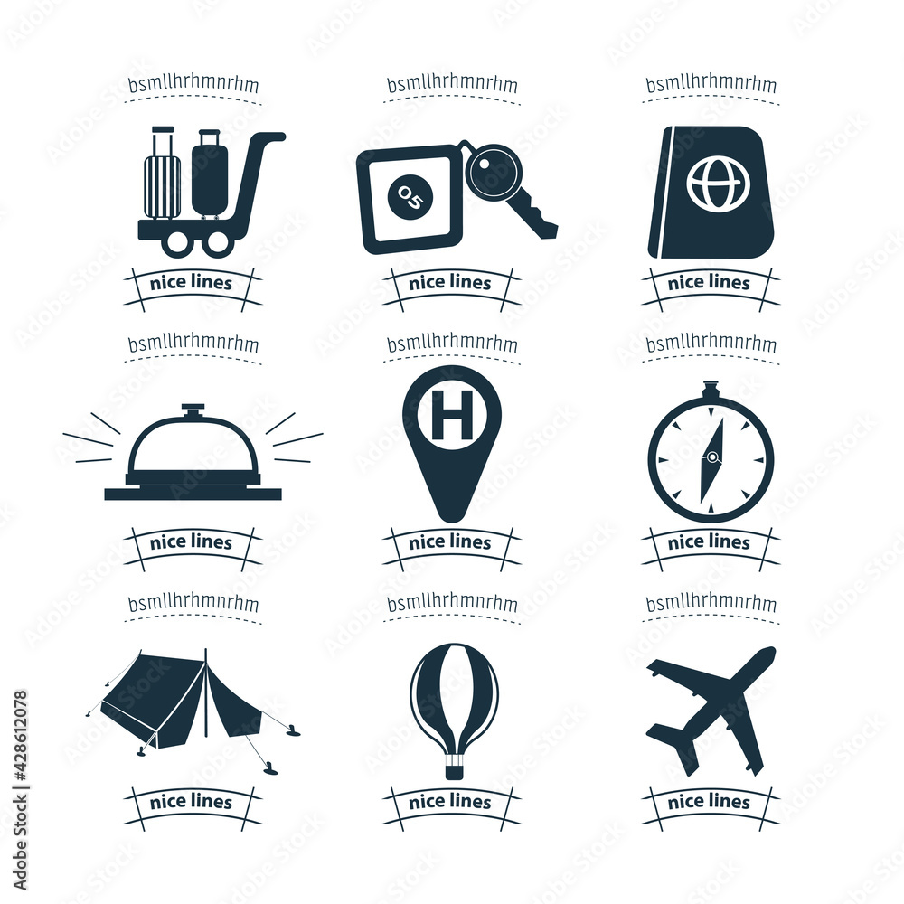 Traveling and transport icon set with hotel, compass, maps, reception ...