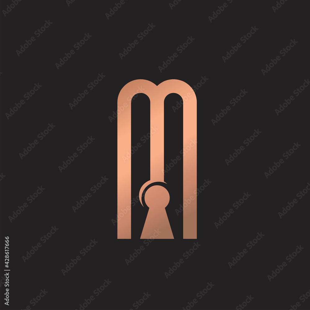 Metallic golden abstract key hole logo concept vector. Letter M with ...