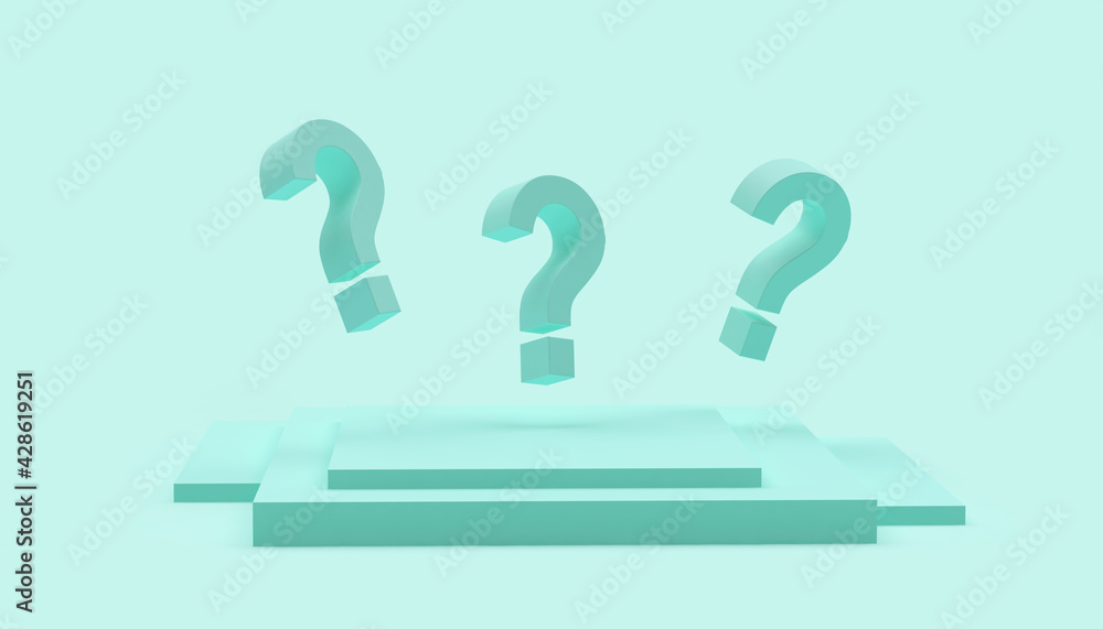 Three question marks on a square stand in pastel turquoise. 3d ...