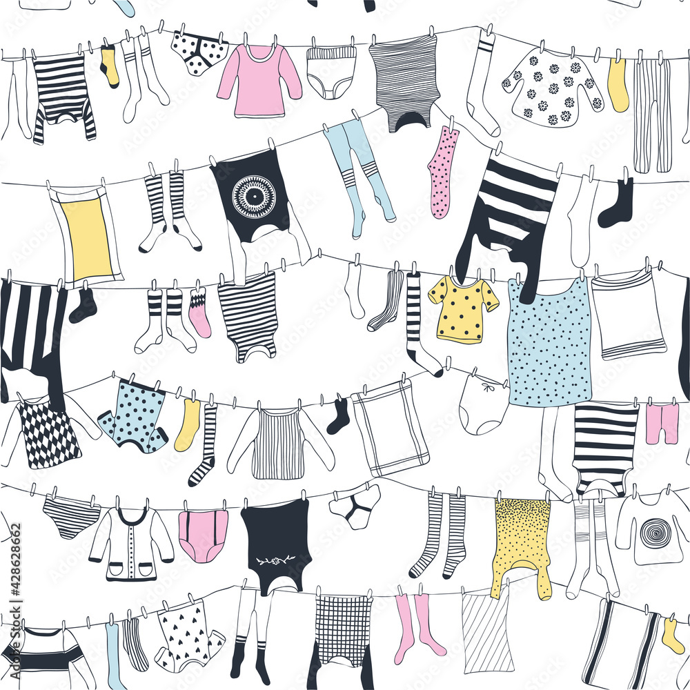 Seamless pattern clothes on washing line on white background, hand ...