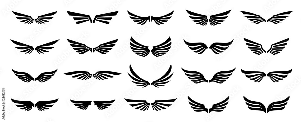Set of black wings logos or icons. Wings silhouette for use in logo and ...