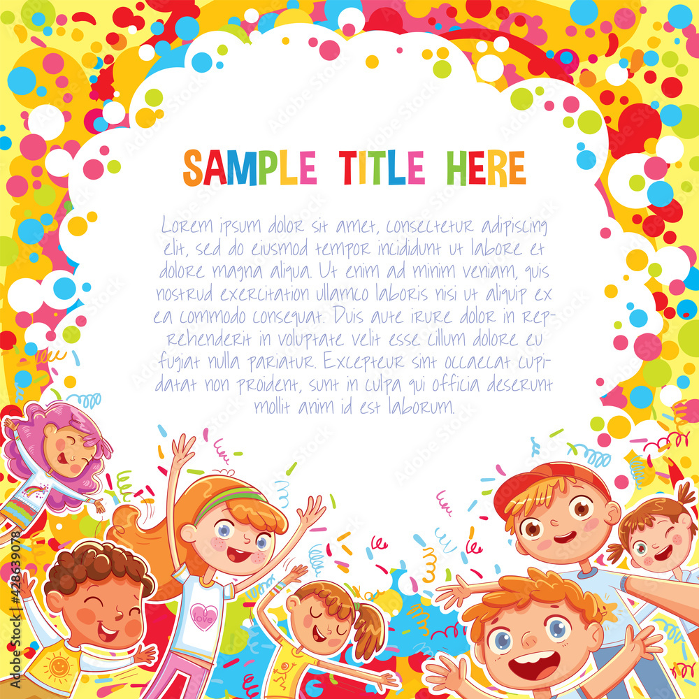 Kids have fun jumping and dancing on confetti background. Advertising ...