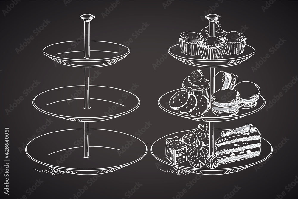 Three tiered plate. Drawing on a blackboard. Vector illustration Stock ...