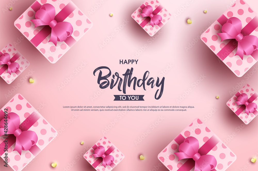 Happy Birthday background with an illustration of a 3d gift box on pink ...