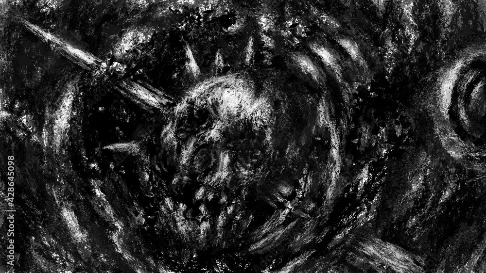 Dark skull of corpse the screaming. Black and white illustration in ...