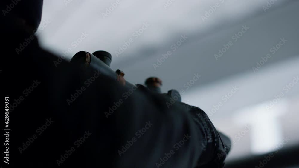 Killer looking telescopic sight of rifle. Sniper aiming target on ...