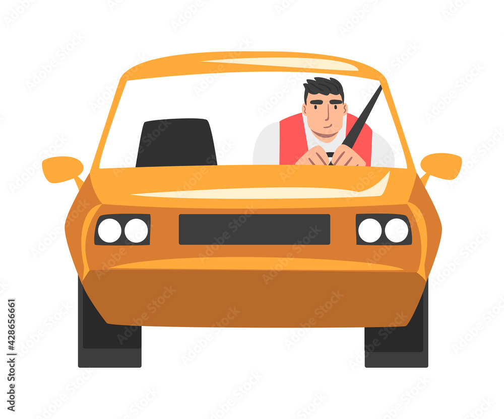 Man Riding Car, Front View of Male Driver Driving Yellow Vehicle ...