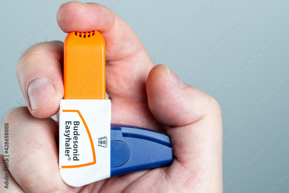 Budesonid Easyhaler in a hand. For chronic bronchitis, asthma and ...