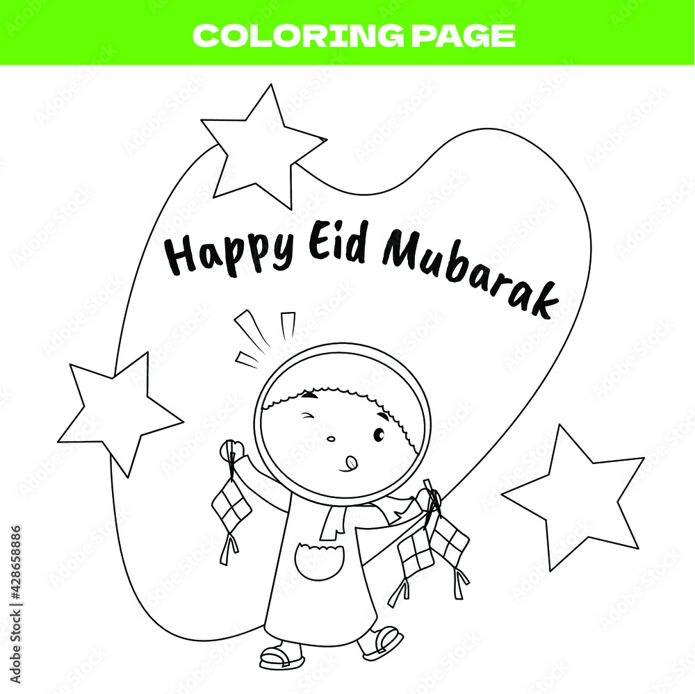 Coloring page of Muslim girl smiling while holding ketupats. Eid ...