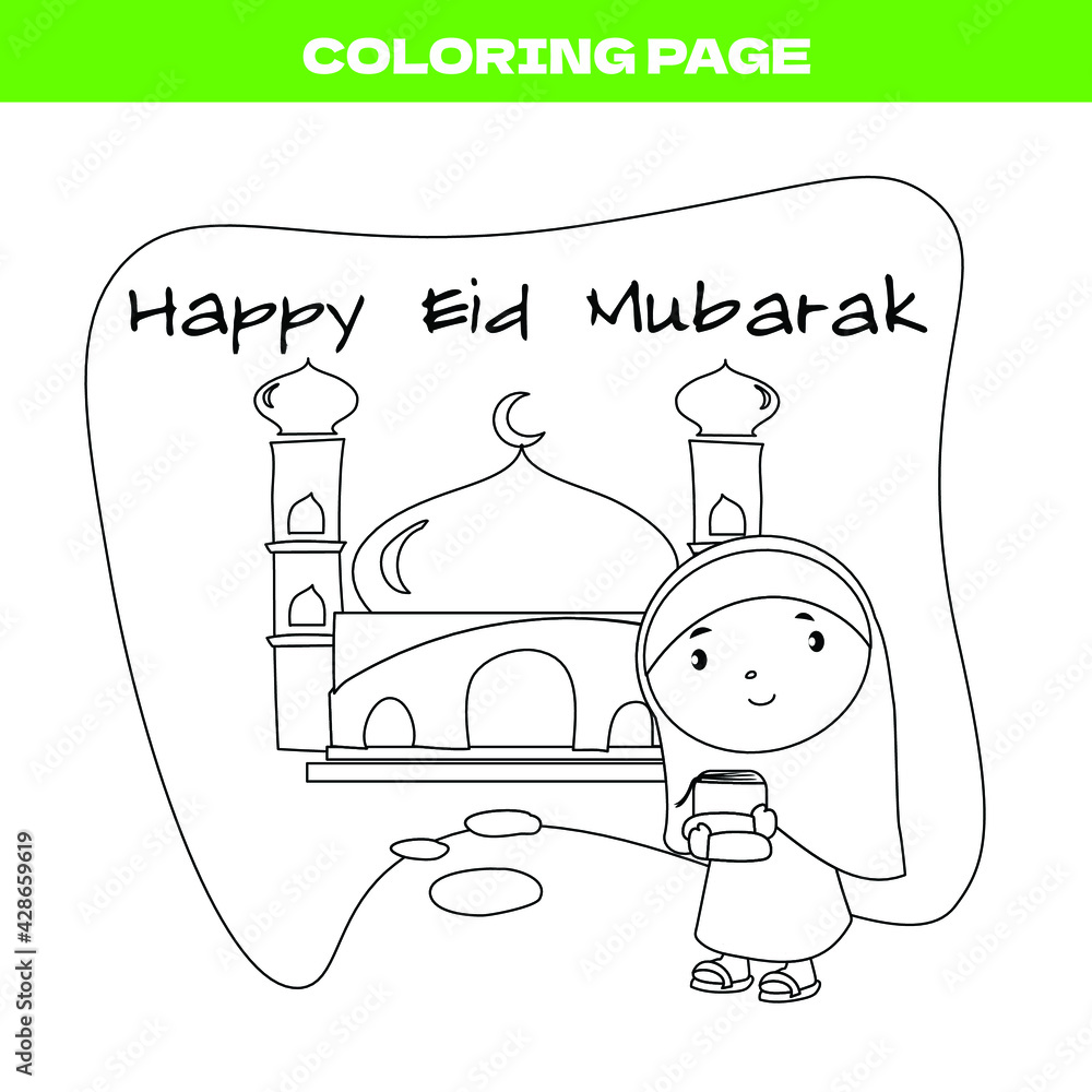 Coloring page of Muslim little girl hugging the Qur'an. Eid Mubarak ...