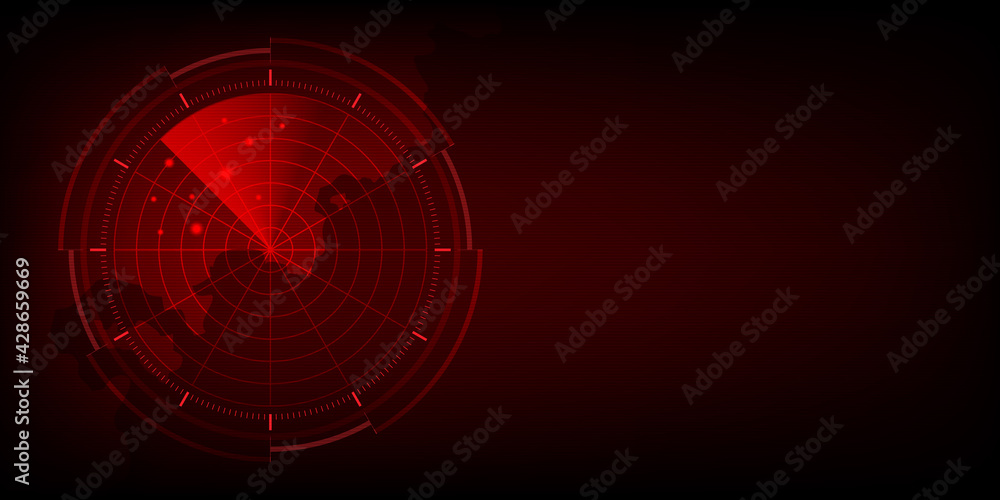 Digital red realistic radar screen background. Abstract radar with ...