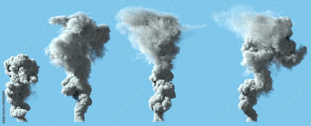 4 different images of solid white smoke column as from volcano or large ...