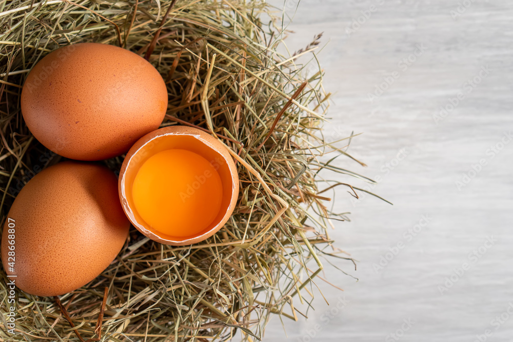 Closeup raw white brown organic fresh eggs shell with yolk from happy ...