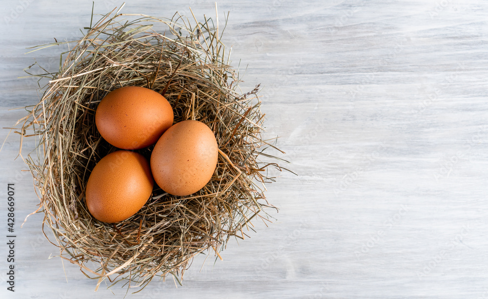 Closeup raw white brown organic fresh eggs shell with yolk from happy ...