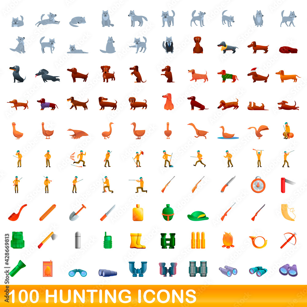 100 hunting icons set. Cartoon illustration of 100 hunting icons vector ...