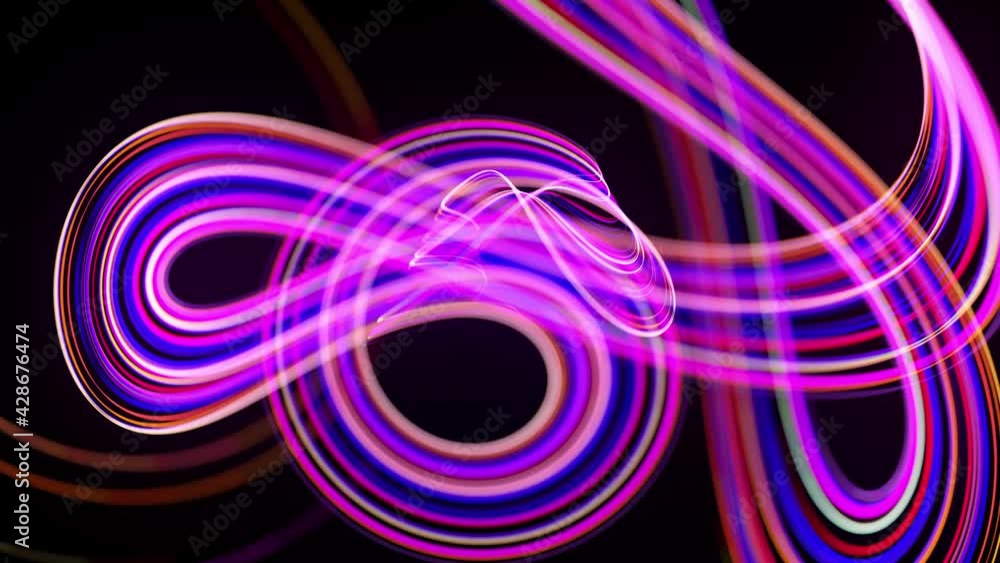 Motion graphics, sci-fi bg. Stream of multicolor neon lines form spiral ...