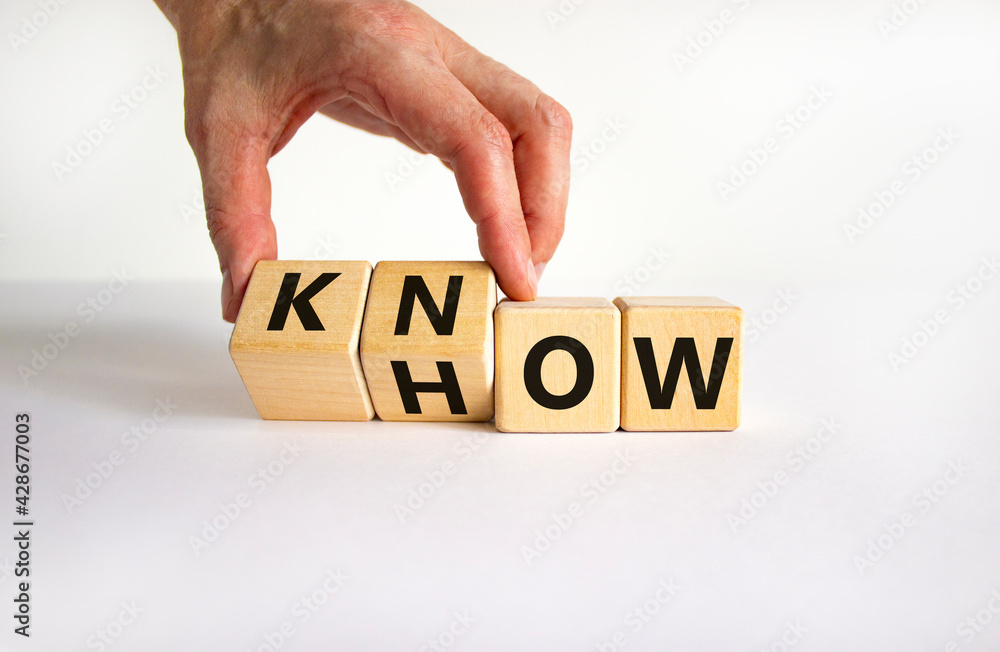 Know how symbol. Businessman turns cubes and changes the word 'how' to ...