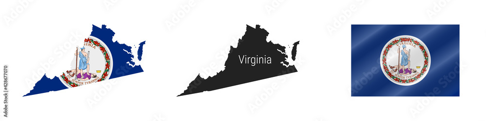 Virginia US state detailed flag map. Detailed silhouette. Waving flag ...