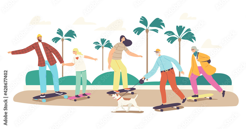 Skateboard Family Concept. Happy Characters Mother, Father, Daughter ...