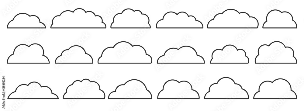 Line black empty flat vector cloud set. Clouds cartoon symbols on white ...
