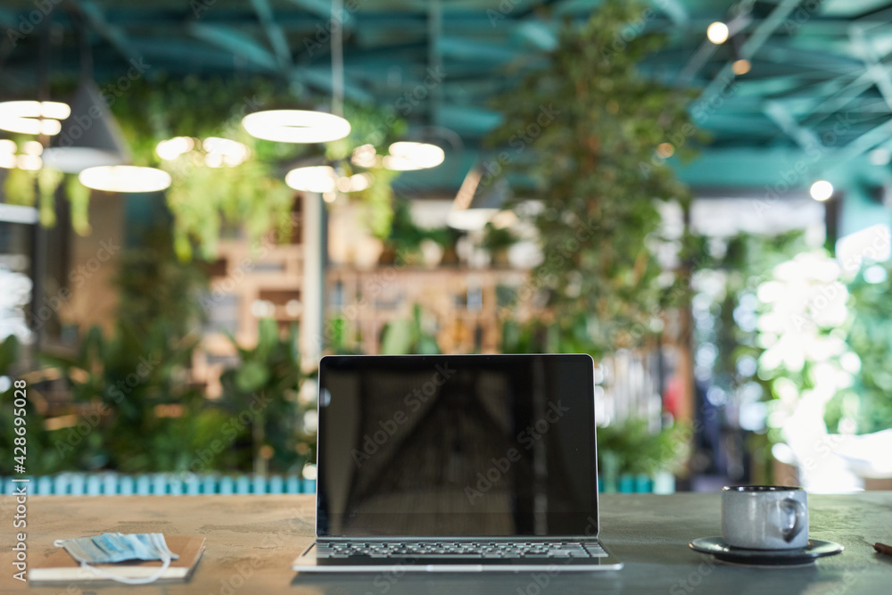 Front view background image of opened laptop with blank screen in ...