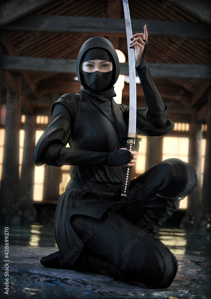 Poster Portrait of an Asian female ninja posing with her weapon – Wall ...
