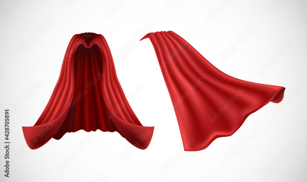3d realistic vector red cape front and side view, isolated on white ...
