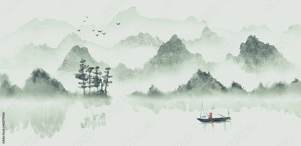 Chinese style new Chinese blue ink landscape painting Stock ...
